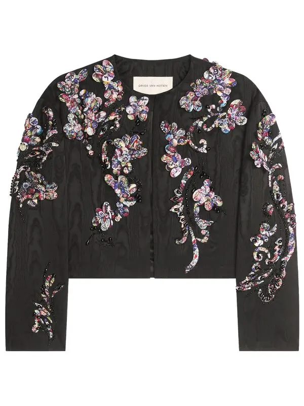 Dries Van Noten Giacca Corta Ricamata Con Effetto Moir - Black