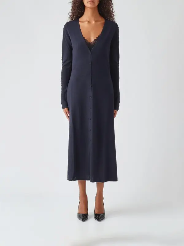 Pinko Wool Knit Midi Slip Dress With Lace Inserts