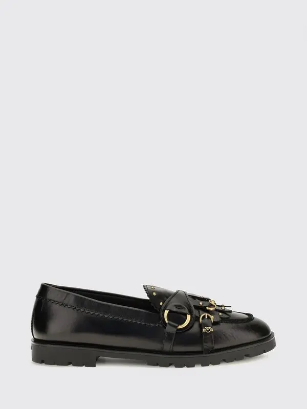 Pinko Leather Penny Loafers With Fringes And Lug Sole