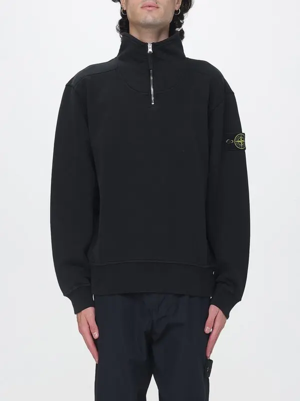 Stone Island Half-zip Cotton Funnel Neck Sweatshirt With Compass Logo Patch - Black