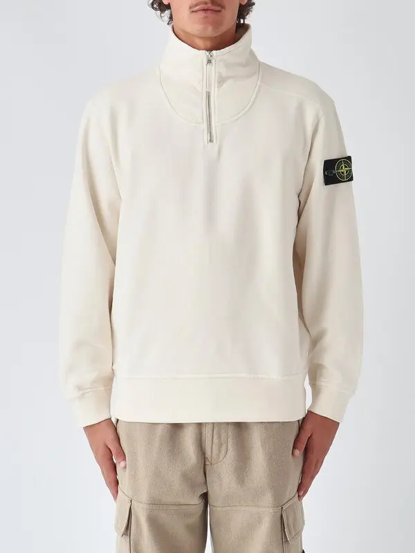 Stone Island Half-zip Cotton Funnel Neck Sweatshirt With Compass Logo Patch - Ivory