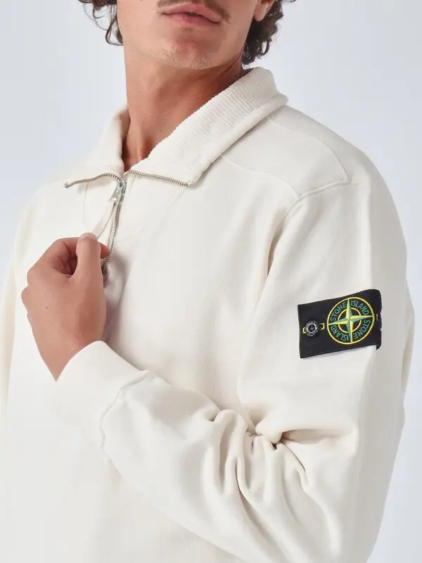 Stone Island Half-zip Cotton Funnel Neck Sweatshirt With Compass Logo Patch - Ivory