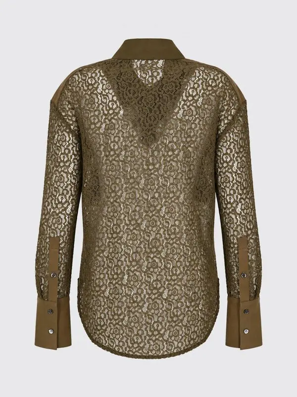Pinko Long-sleeved Lace Shirt With Classic Collar And Zipped Pockets - Green