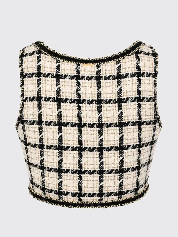TWINSET Cropped V-neck Top In Check Tweed With Off-shoulder Design - Gold