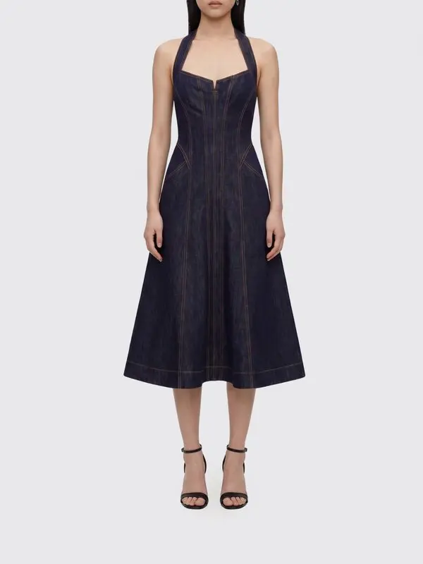 SELF-PORTRAIT A-line Off-the-shoulder Denim Midi Dress With Halter Neck - Black