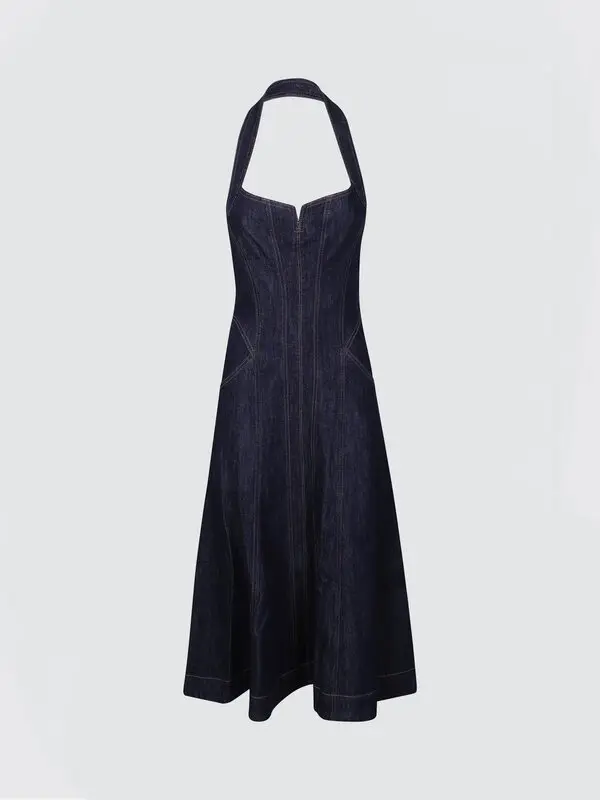 SELF-PORTRAIT A-line Off-the-shoulder Denim Midi Dress With Halter Neck