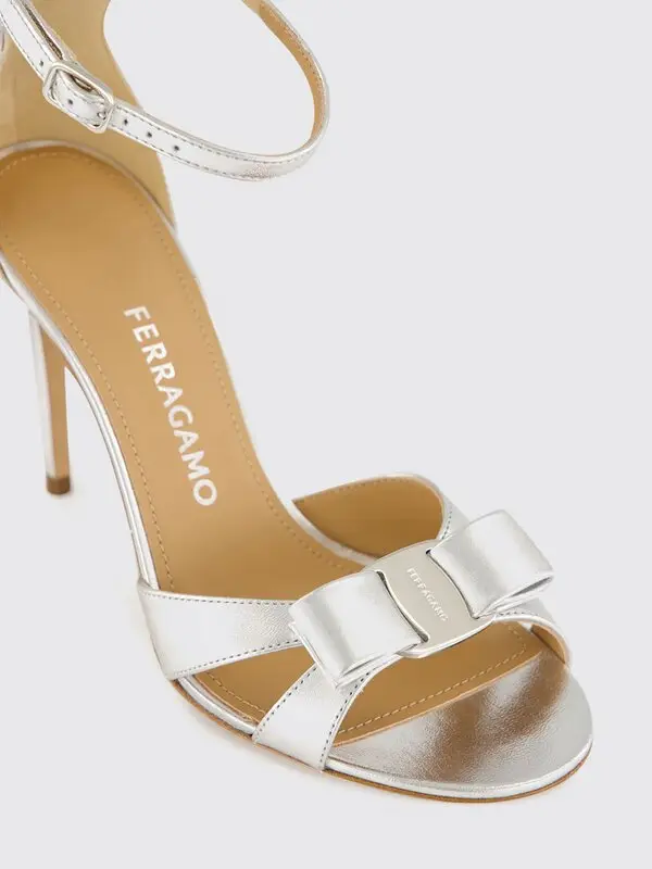 FERRAGAMO Vara Laminated Lambskin Sandals With Bow And Stiletto Heel