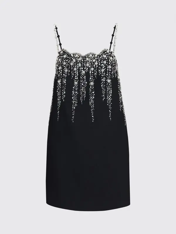 Valentino Garavani Merino Wool Mini Sheath Dress With Rhinestones And Square Neck