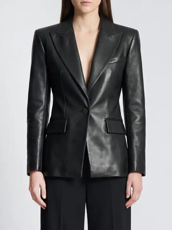 Balmain Slim Fit Cropped Lambskin Leather Blazer With Peak Lapels