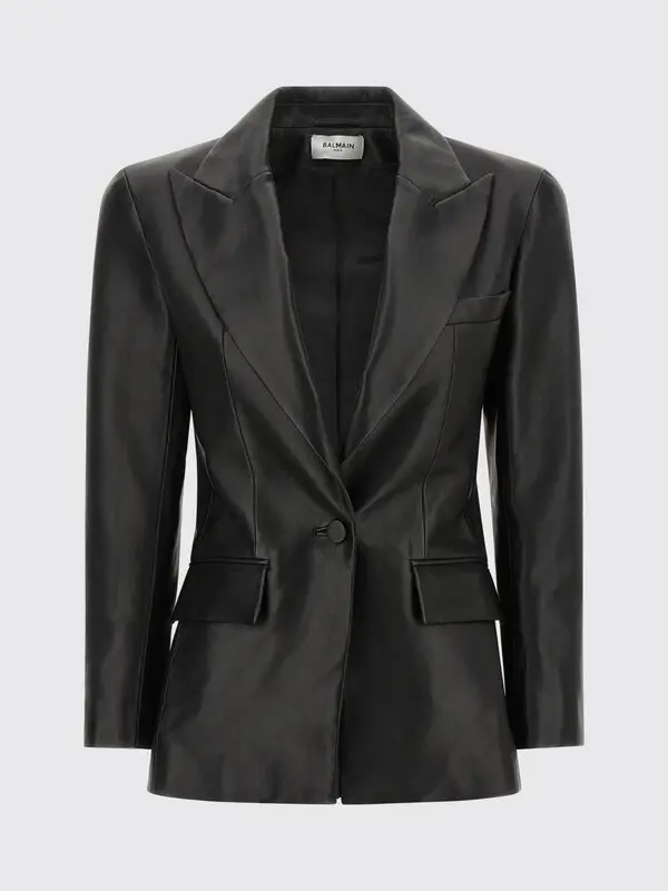 Balmain Slim Fit Cropped Lambskin Leather Blazer With Peak Lapels