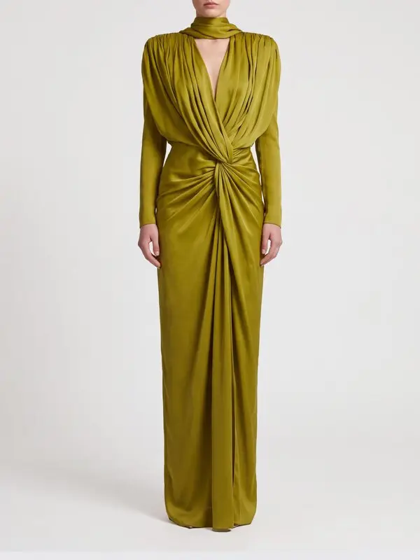 Balmain Padded Shoulder Draped Silk Long Gown With Scarf Neck