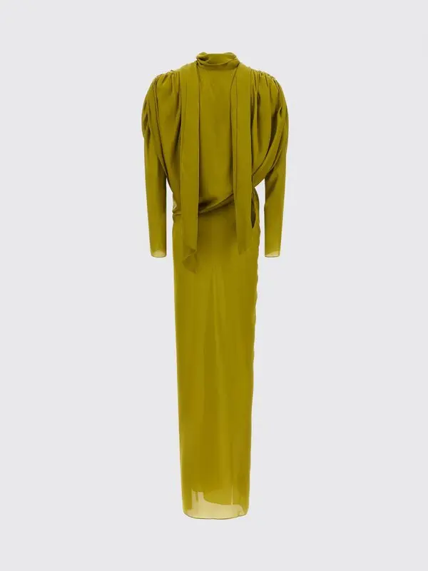 Balmain Padded Shoulder Draped Silk Long Gown With Scarf Neck