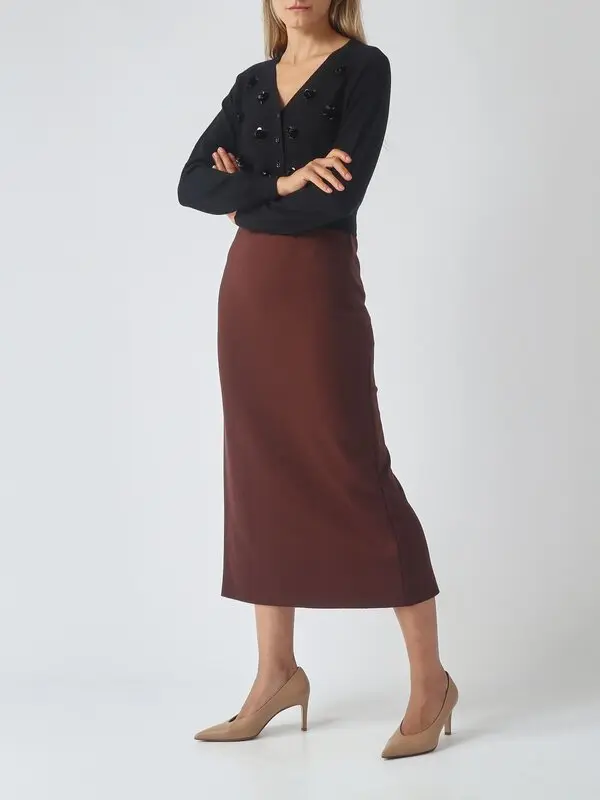 MEIMEIJ High-waisted Midi Pencil Skirt With Rear Slit - Cocoa