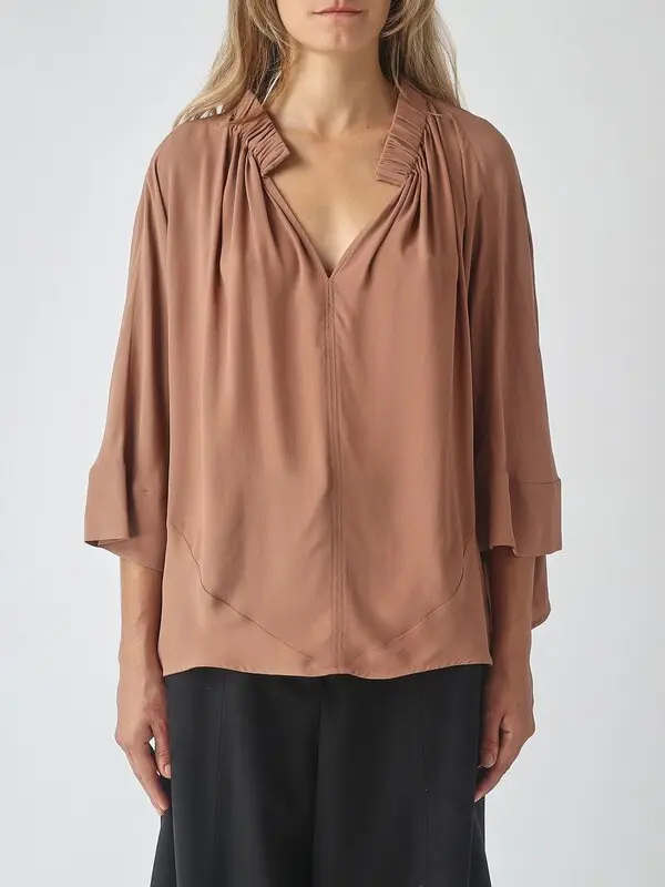 MEIMEIJ V-neck Silk Blend Blouse With Long Sleeves And Dropped Shoulders - Pink