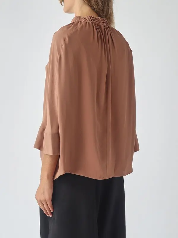 MEIMEIJ V-neck Silk Blend Blouse With Long Sleeves And Dropped Shoulders - Pink