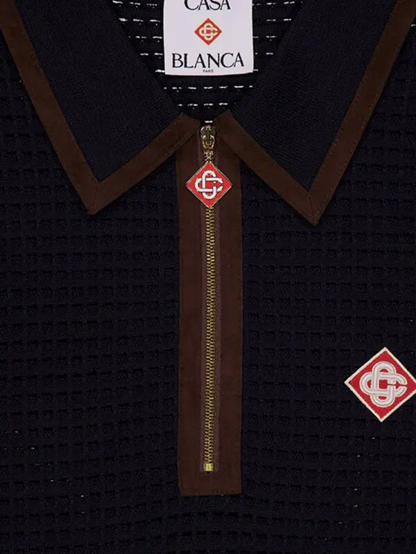 Casablanca Long-sleeved Pure Wool Knit Polo With Zip And Logo Patch