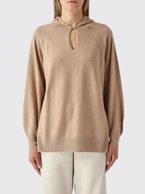 Max Mara V-neck Hooded Jumper In Virgin Wool And Cashmere Blend - Camel