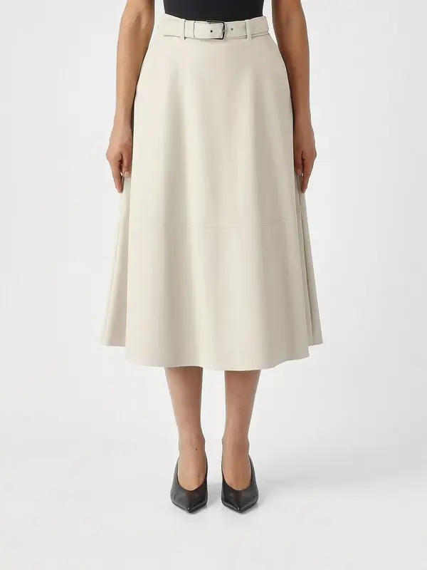 Max Mara Faux Leather Flared Midi Skirt With Belted Waist - Ivory