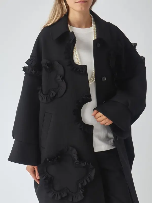 MEIMEIJ Oversized Single-breasted Wool Blend Coat With Floral Appliqu