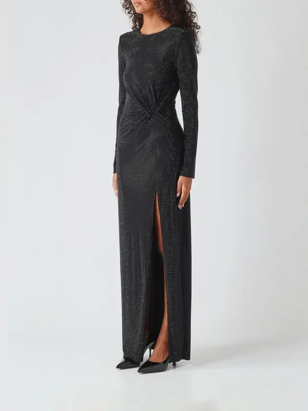 TWENTY FOURHAITCH Long Evening Gown In Crystal Mesh With Rhinestones And Front Slit - Black