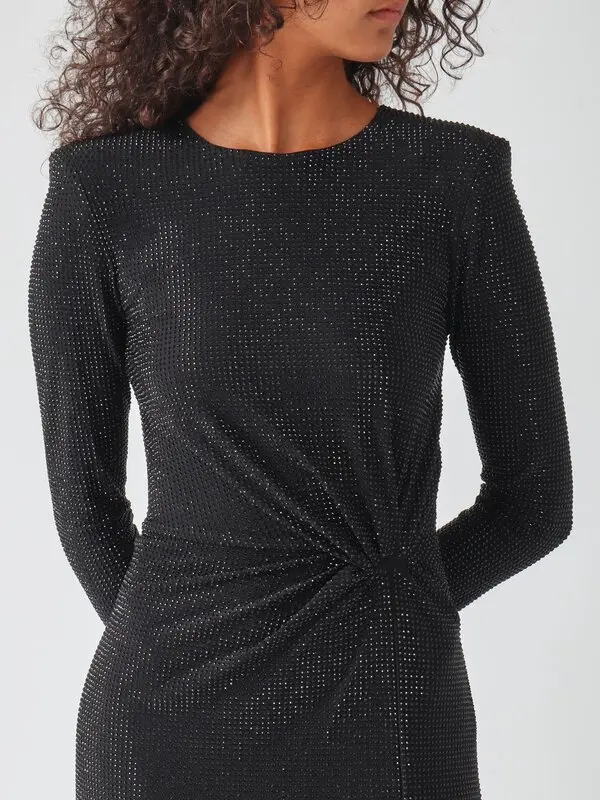 TWENTY FOURHAITCH Long Evening Gown In Crystal Mesh With Rhinestones And Front Slit - Black