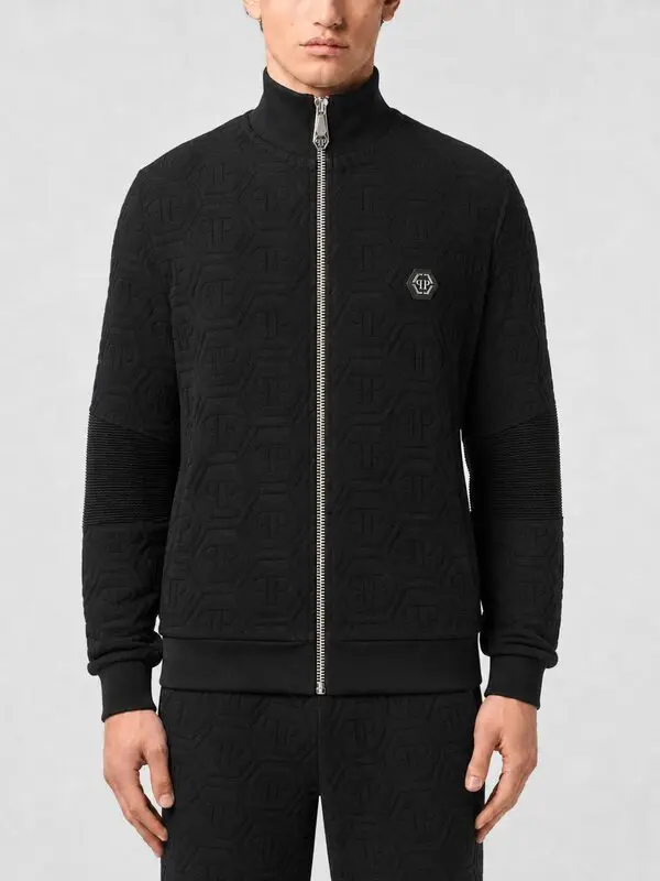 Philipp Plein Jersey Zip-up Sweatshirt With High Neck And Jacquard Hexagon Logo