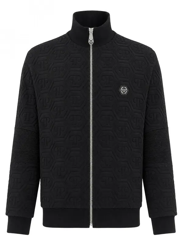 Philipp Plein Jersey Zip-up Sweatshirt With High Neck And Jacquard Hexagon Logo