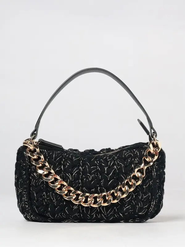 TWINSET Liliane Crochet Shoulder Bag With Chain Mail Appliqués - Black