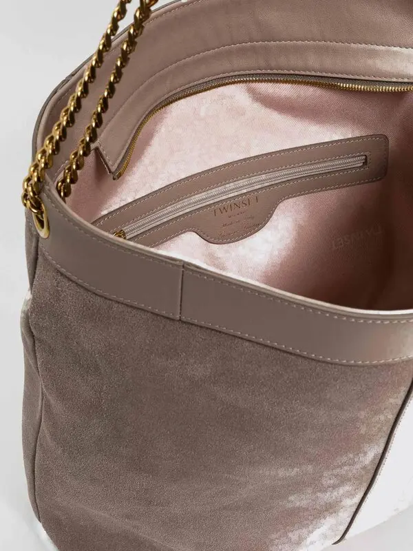 TWINSET Suede Double Handle Shoulder Bag - Mastic