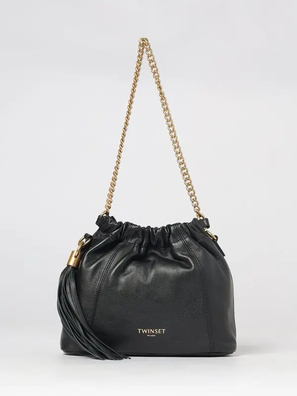 TWINSET Smooth Leather Bucket Bag With Metallic Mesh Handle - Black