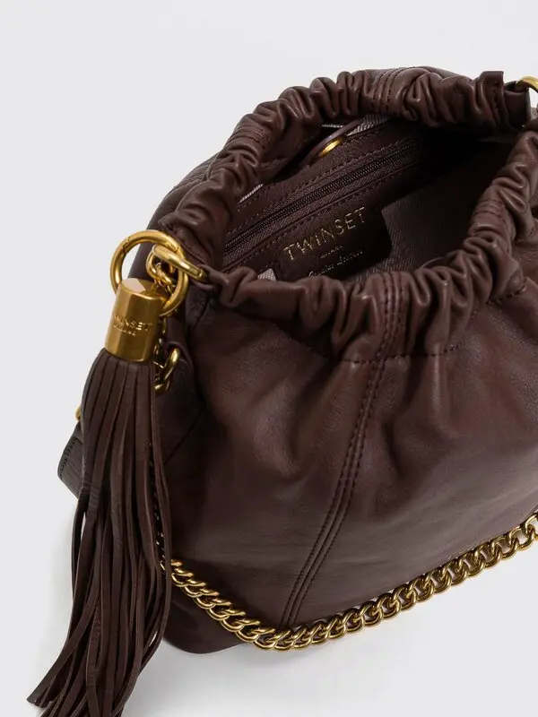 TWINSET Smooth Leather Bucket Bag With Metallic Mesh Handle - Coffee