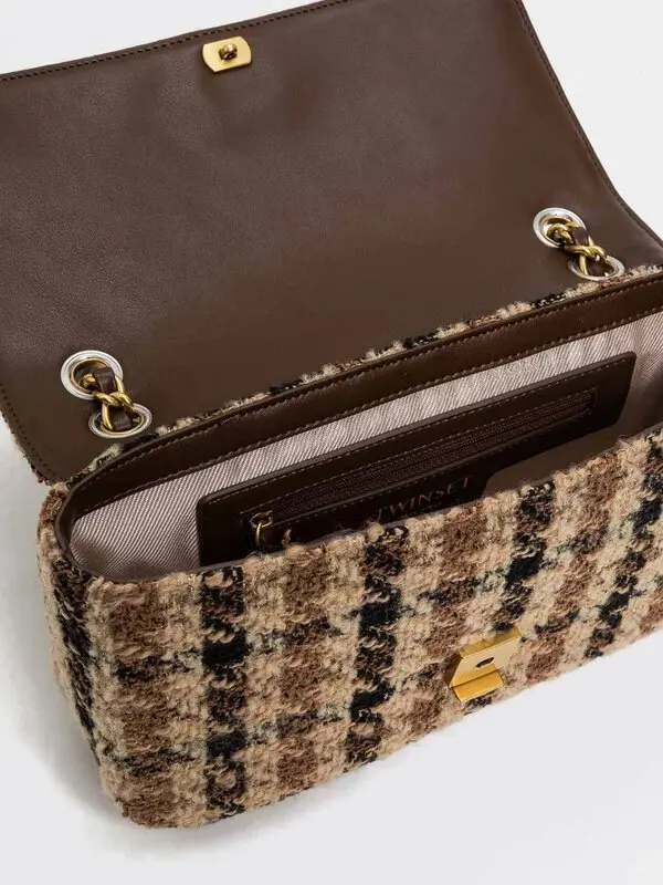 TWINSET Check Fabric Shoulder Bag With Woven Chain Handle