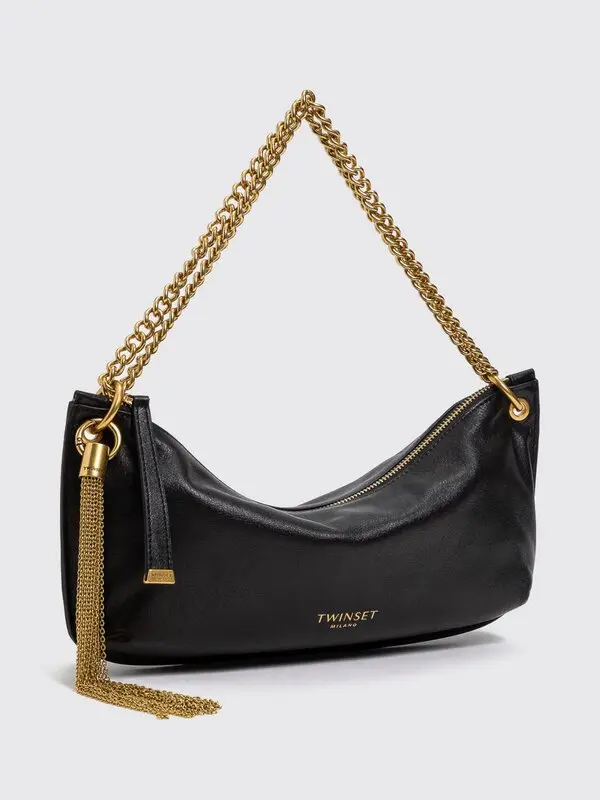 TWINSET Smooth Leather Shoulder Bag With Metallic Mesh Handle - Black