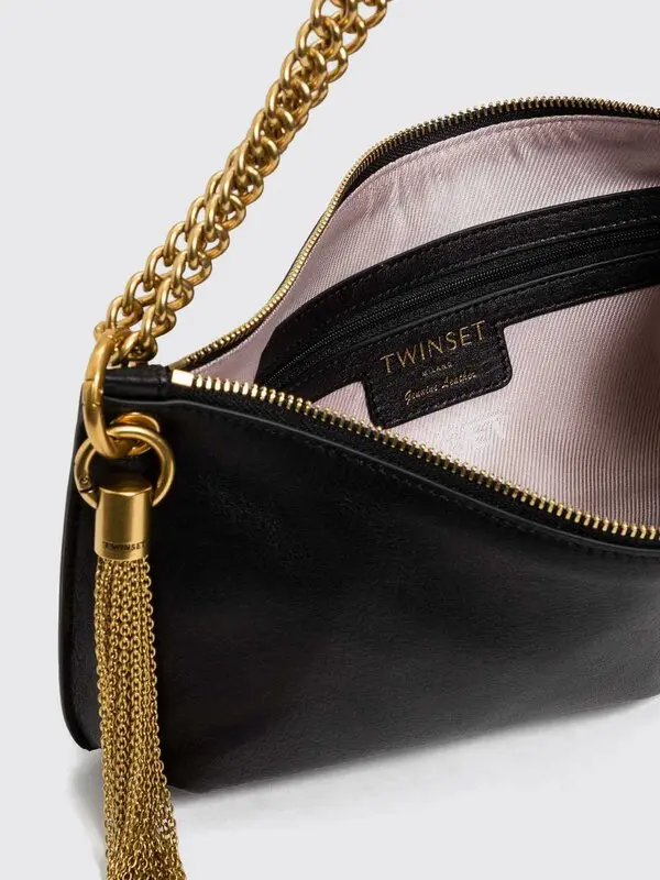 TWINSET Smooth Leather Shoulder Bag With Metallic Mesh Handle - Black