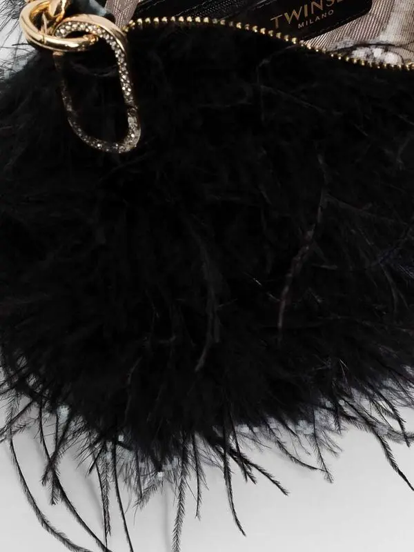 TWINSET Fabric Handbag With Synthetic Feathers And Rhinestones - Black