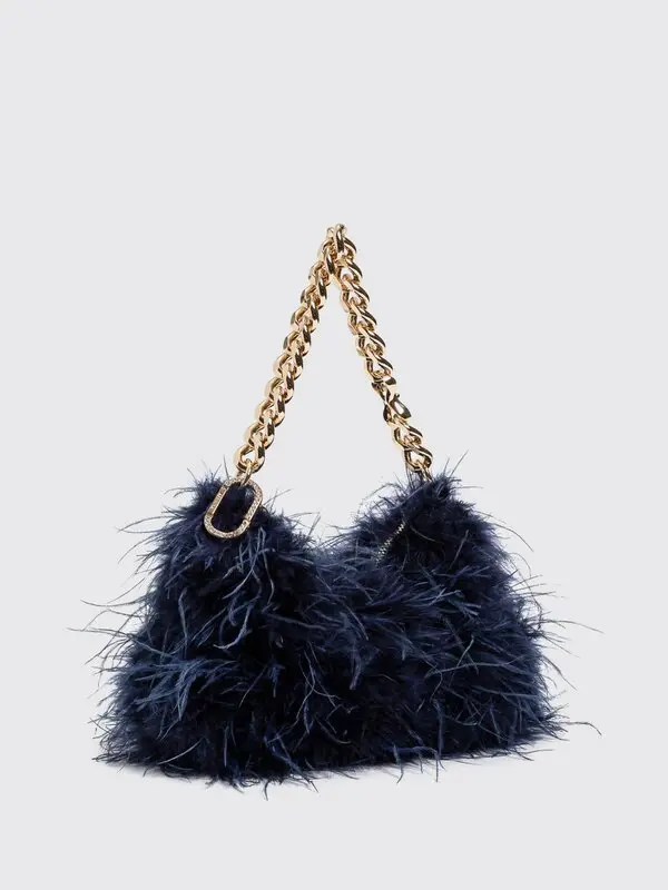 TWINSET Fabric Handbag With Synthetic Feathers And Rhinestones - Blue