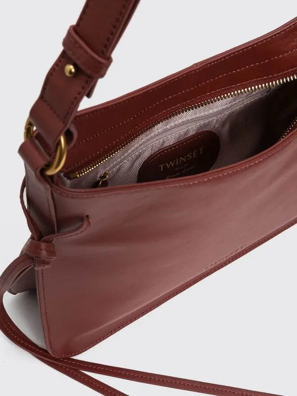 TWINSET Smooth Leather Shoulder Bag With Adjustable Handle And Webbing Details - Cherry