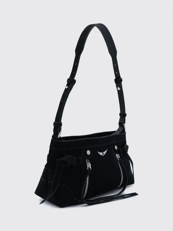 Zadig&Voltaire Madison Suede And Leather Shoulder Bag With Metallic Logo - Black