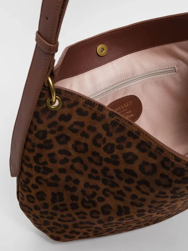 TWINSET Animal Print Suede Shoulder Bag With Adjustable Handle