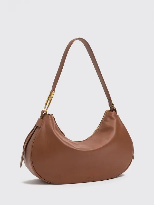 TWINSET Smooth Hobo Bag With Zip Closure And Embossed Logo - Leather