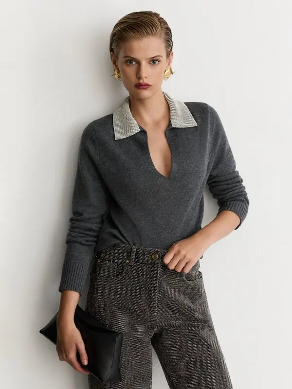 REISS Raven Wool-blend Crystal-collar V-neck Jumper - Grey