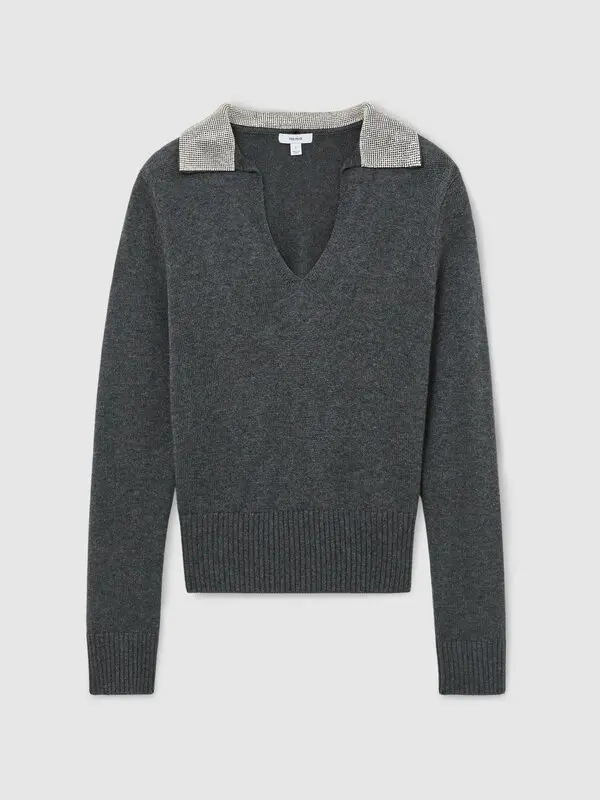 REISS Raven Wool-blend Crystal-collar V-neck Jumper - Grey
