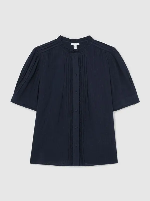 REISS Aurelia Cotton Cheesecloth Frill-neck Top