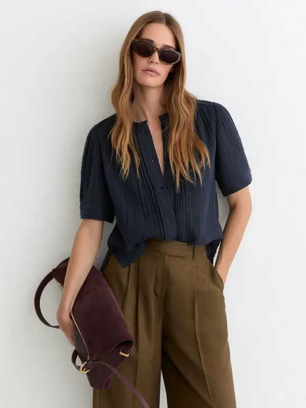 REISS Aurelia Cotton Cheesecloth Frill-neck Top