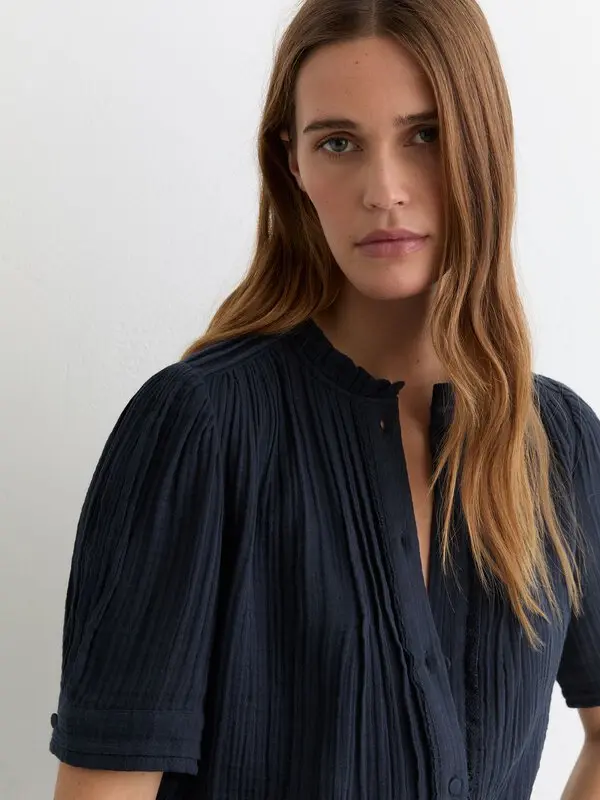 REISS Aurelia Cotton Cheesecloth Frill-neck Top