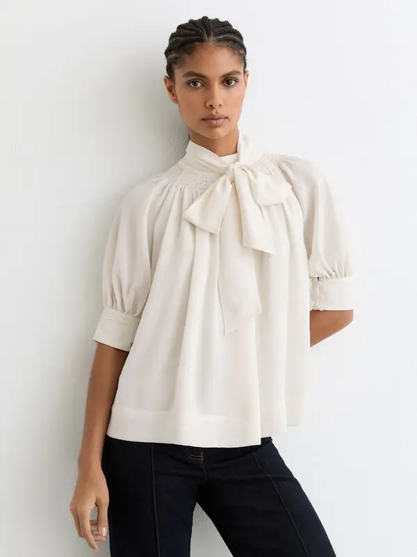 REISS Lerina Tie-neck Short-sleeve Blouse