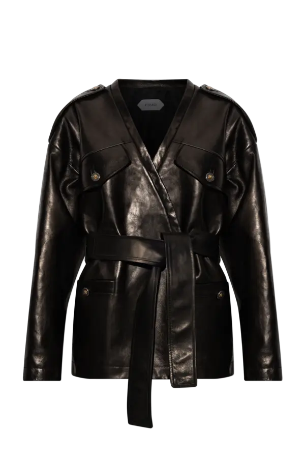 Versace Leather Belted Jacket With Pockets - Black