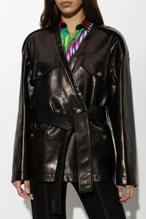Versace Leather Belted Jacket With Pockets