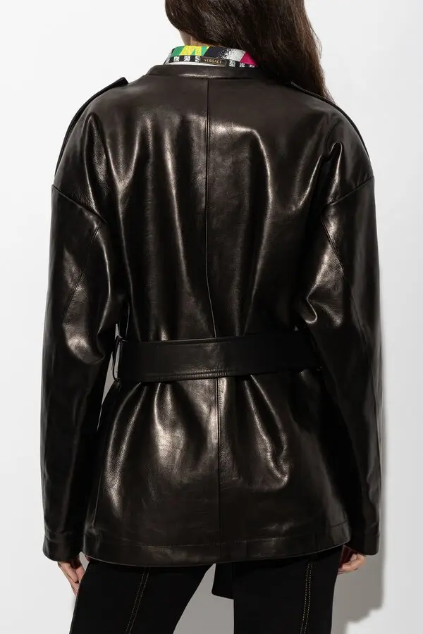 Versace Leather Belted Jacket With Pockets