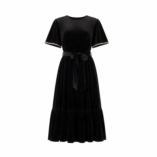 YUMI Velvet Midi Dress With Embellished Sleeve